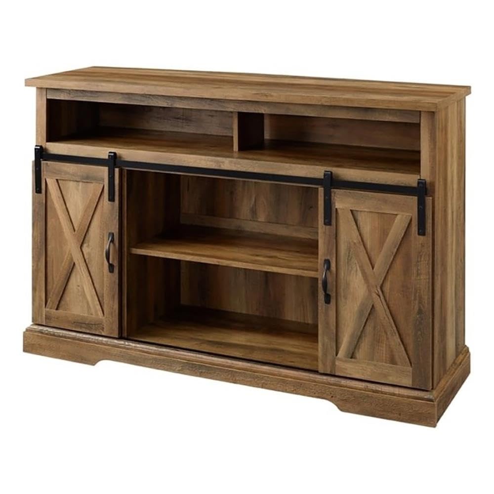BOWERY HILL Modern Farmhouse Sliding Barn Door Wood 52" Highboy TV Stand Console Storage Cabinet in Reclaimed Barnwood