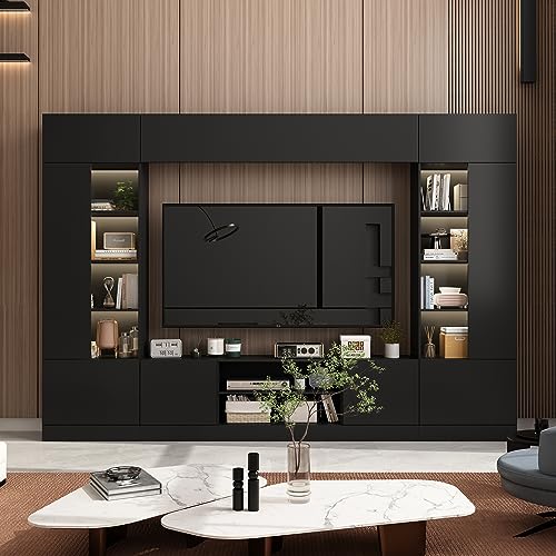 AIEGLE Lighted Entertainment Wall Unit Set with Bridge, Modern TV Stand with 3 Color Light, Up-Flip Doors & Shelves, Large Console Storage Cabinet Set for TVs Up to 70", Black (114.2"Wx11.8"Dx78.7"H)