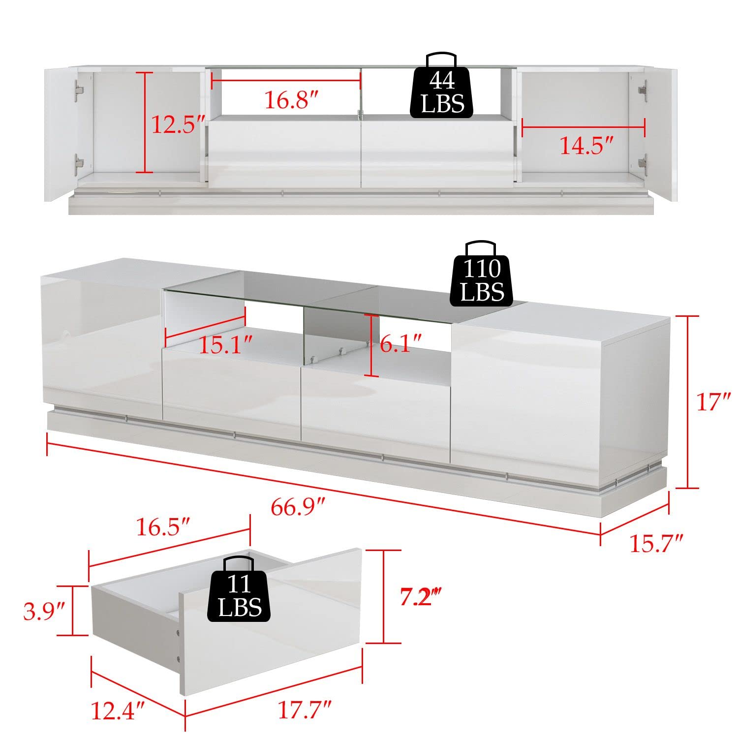 FAMAPY Modern TV Console Table with Lights & Glass Shelves, High Gloss TV Cabinet Media Console with Drawers and Doors, for Living Room White (66.9”W x 15.7”D x 17”H)