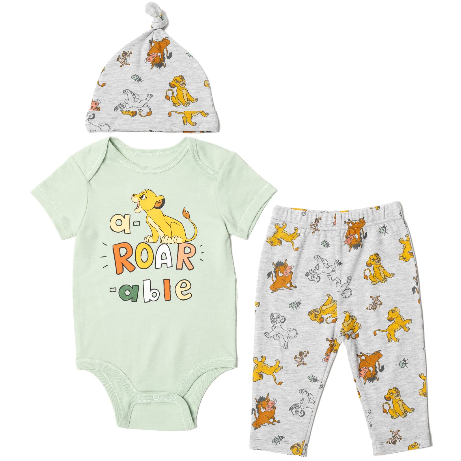 Disney Lion King Pumbaa Timon Simba Infant Baby Boys Bodysuit Pants and Hat 3 Piece Outfit Set Gray/Green 12 Months