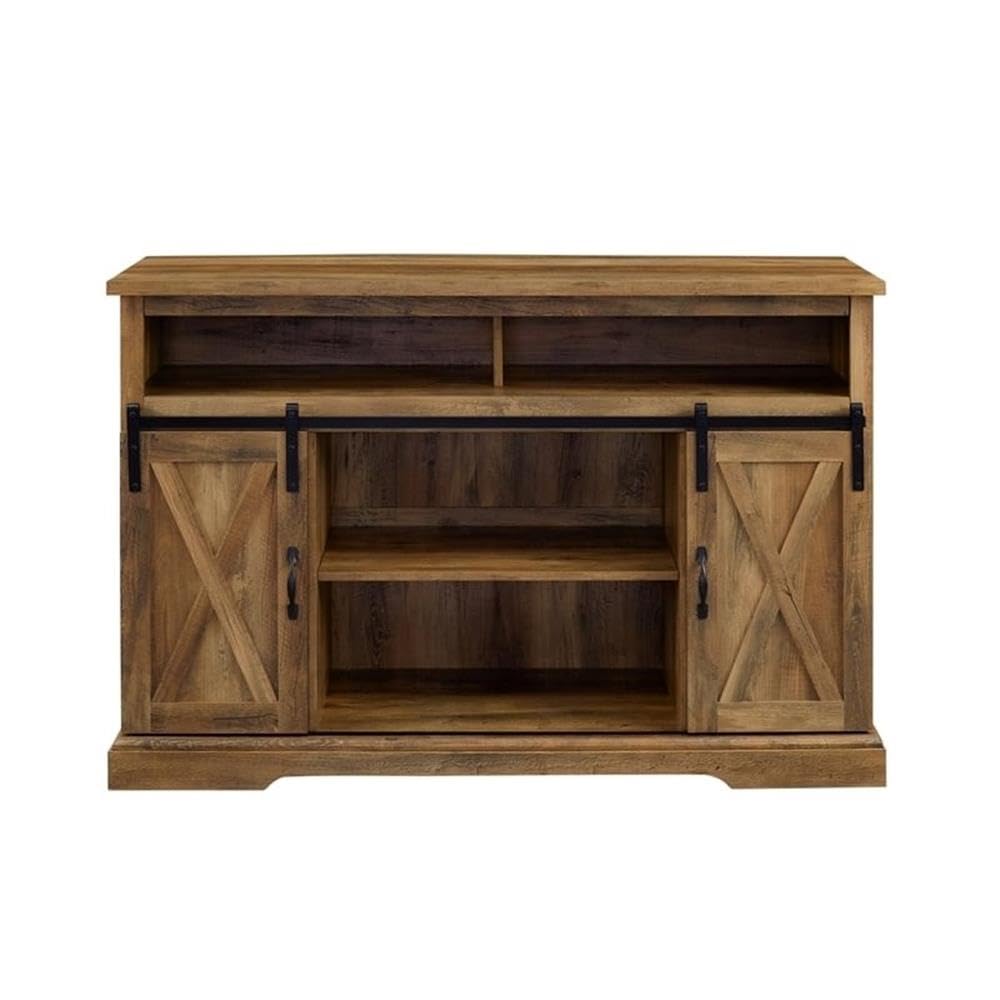 BOWERY HILL Modern Farmhouse Sliding Barn Door Wood 52" Highboy TV Stand Console Storage Cabinet in Reclaimed Barnwood
