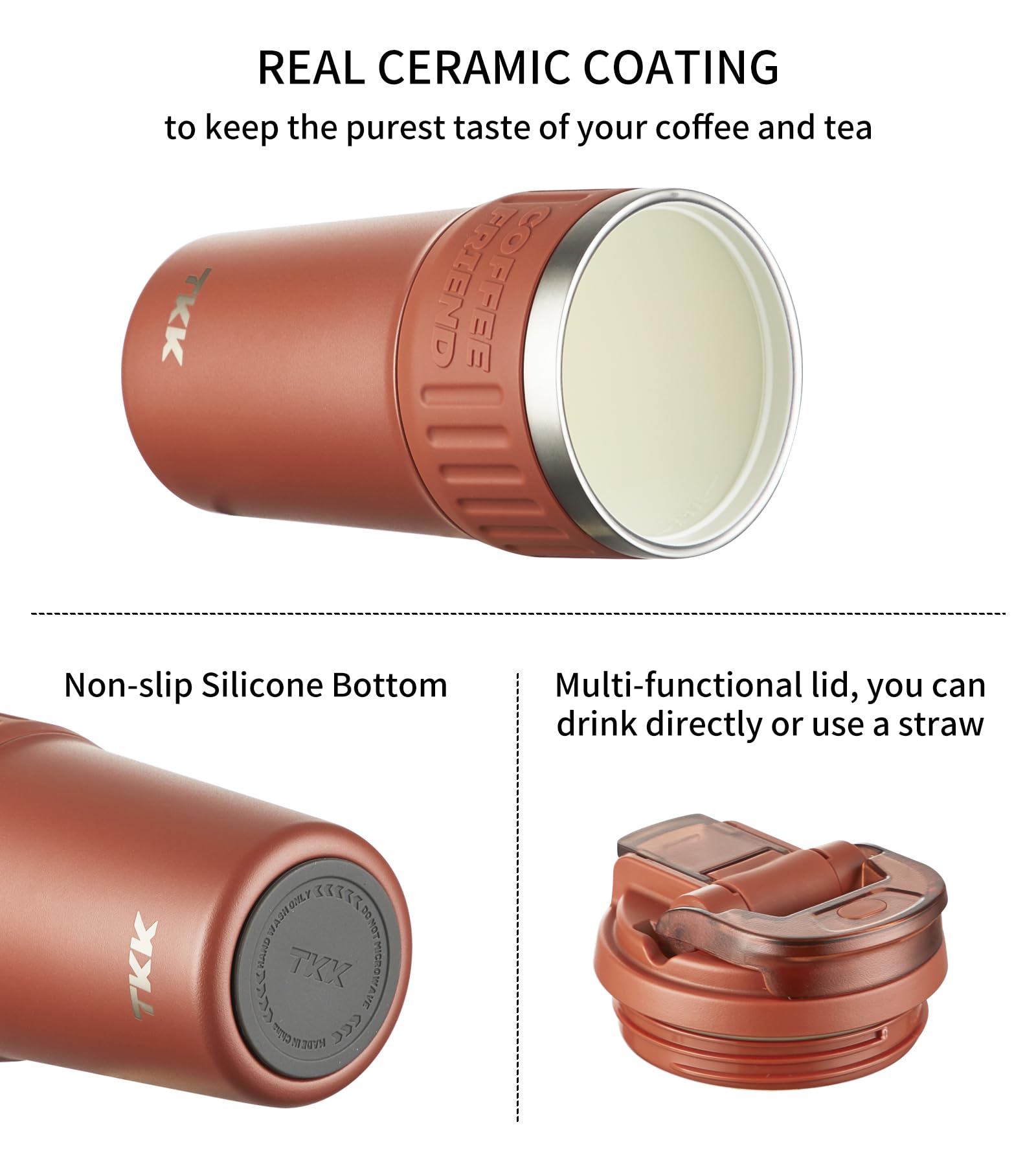 TKK Insulated Coffee Thermos with Ceramic Coating, 21oz Iced Coffee Tumbler Cup with Straw Lid Double Wall Vacuum Leak Proof Travel Mug with Strap for Hot and Iced Beverage, Red