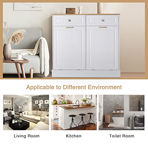 ONG Double Kitchen Trash Cabinets Dual Tilt-Out Trash Bin Can Cabinets with Drawers, Free Standing Hideaway Trash Holder Waste Can Bin for Trash Disposal, Recycle (White)
