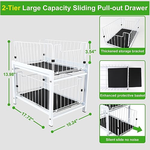 ZMJESSNIA Under Sink Organizer, 2 Tier Sliding Basket Drawer Organizer, Pull Out Under Sink Cabinets Organizer,Metal Home Organizer for Bathroom or Kitchen Pantry,White