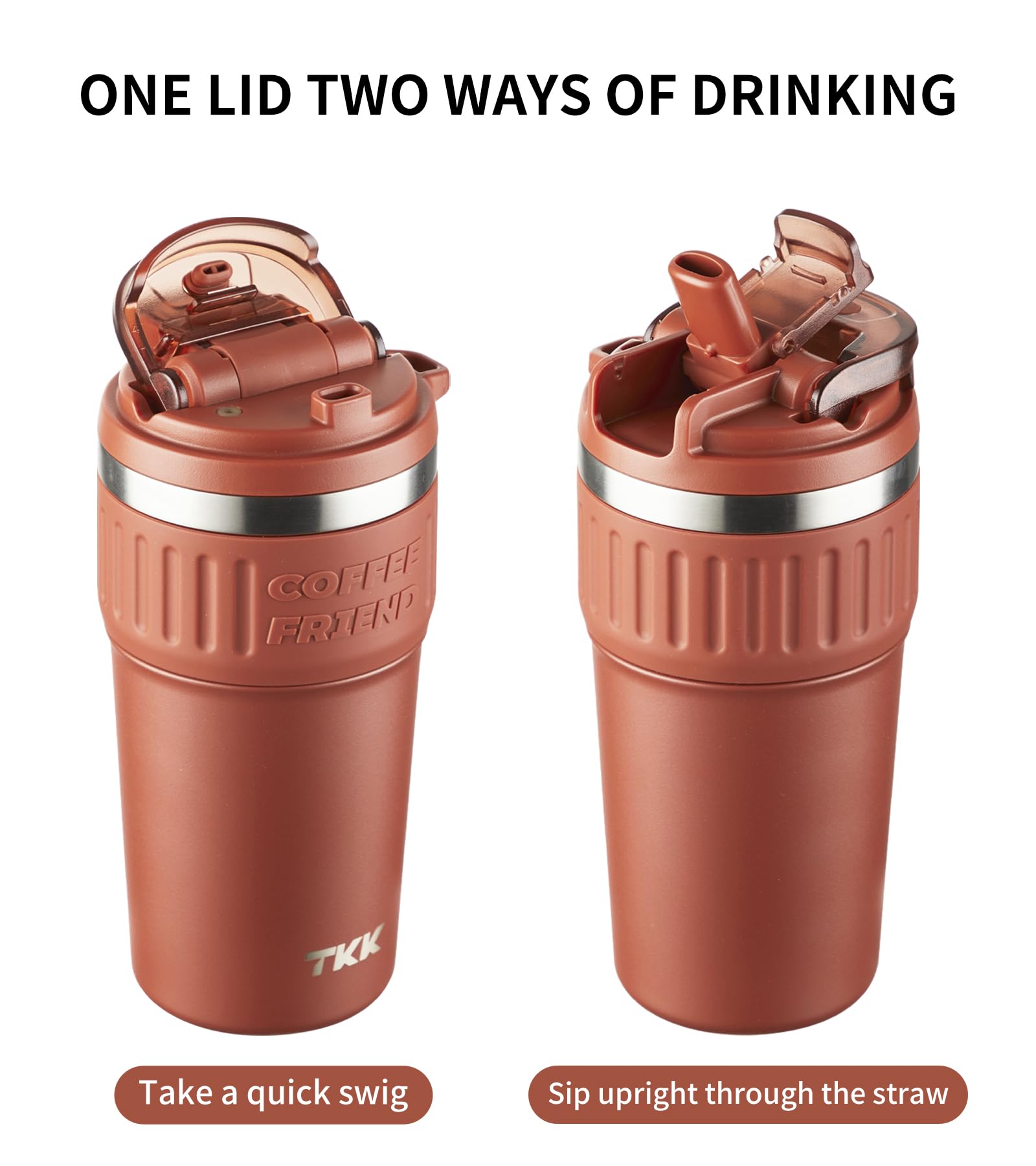 TKK Insulated Coffee Thermos with Ceramic Coating, 21oz Iced Coffee Tumbler Cup with Straw Lid Double Wall Vacuum Leak Proof Travel Mug with Strap for Hot and Iced Beverage, Red