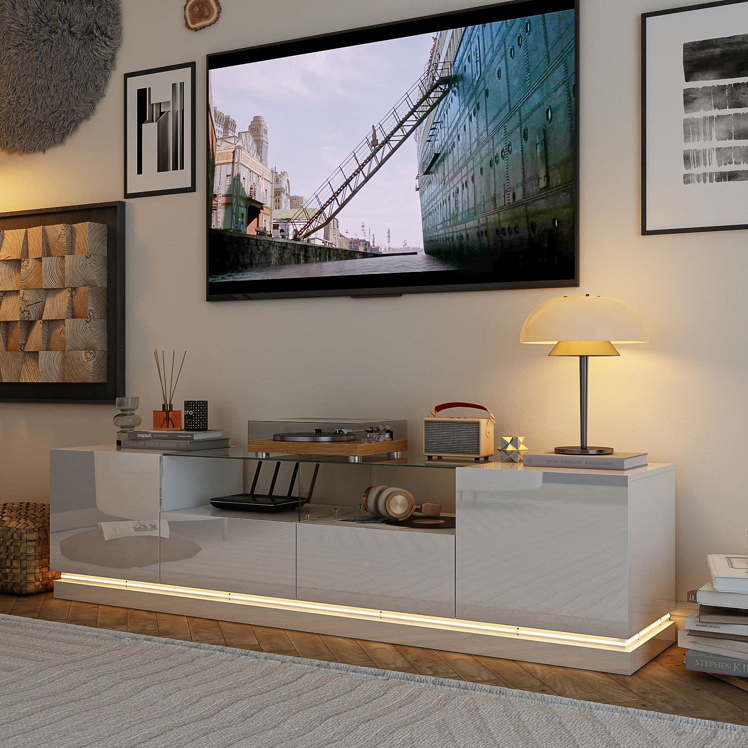 FAMAPY Modern TV Console Table with Lights & Glass Shelves, High Gloss TV Cabinet Media Console with Drawers and Doors, for Living Room White (66.9”W x 15.7”D x 17”H)