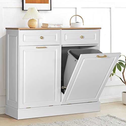 ONG Double Kitchen Trash Cabinets Dual Tilt-Out Trash Bin Can Cabinets with Drawers, Free Standing Hideaway Trash Holder Waste Can Bin for Trash Disposal, Recycle (White)