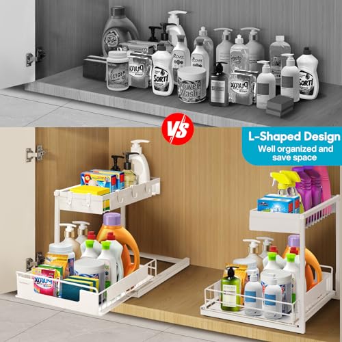 Large Under the Sink Organizer Bathroom, 2-Tier Kitchen Under the Sink Organizers and Storage with 4 Hooks, Cabinet Storage Shelves No Drilling Rustproof Stainless Steel Pull Out Shelf, White