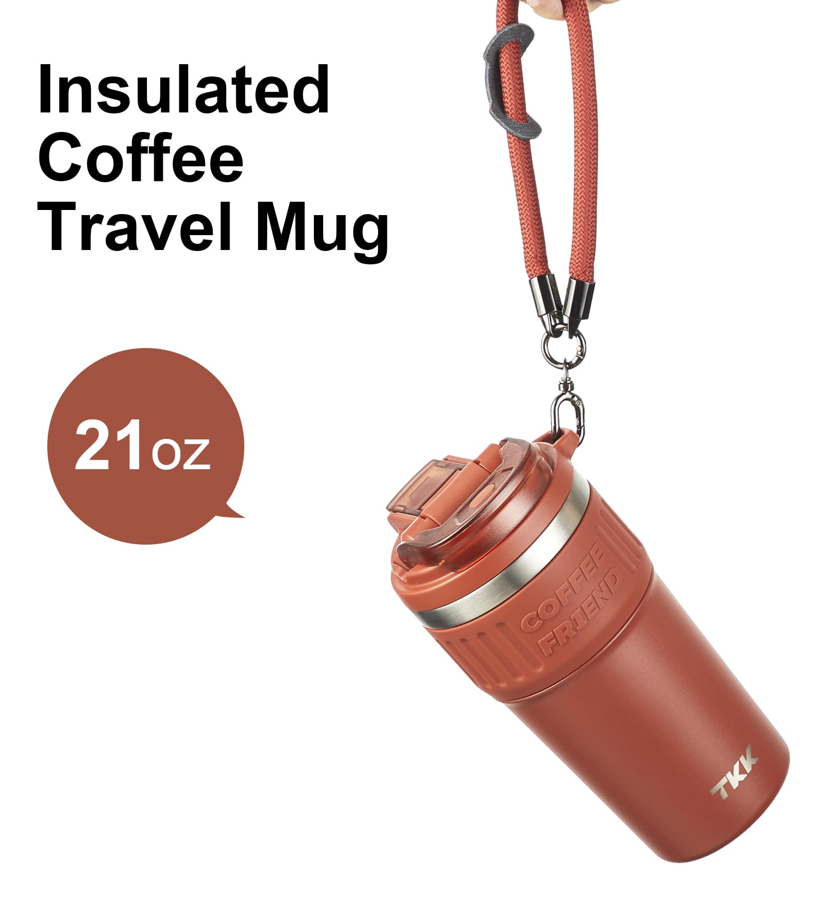 TKK Insulated Coffee Thermos with Ceramic Coating, 21oz Iced Coffee Tumbler Cup with Straw Lid Double Wall Vacuum Leak Proof Travel Mug with Strap for Hot and Iced Beverage, Red