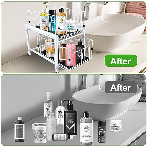 ZMJESSNIA Under Sink Organizer, 2 Tier Sliding Basket Drawer Organizer, Pull Out Under Sink Cabinets Organizer,Metal Home Organizer for Bathroom or Kitchen Pantry,White