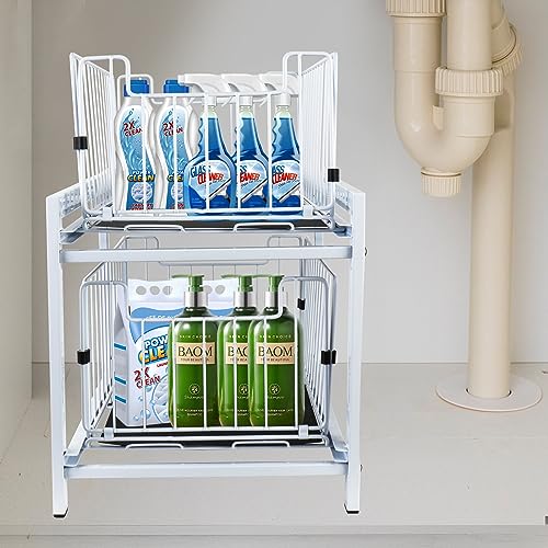 ZMJESSNIA Under Sink Organizer, 2 Tier Sliding Basket Drawer Organizer, Pull Out Under Sink Cabinets Organizer,Metal Home Organizer for Bathroom or Kitchen Pantry,White