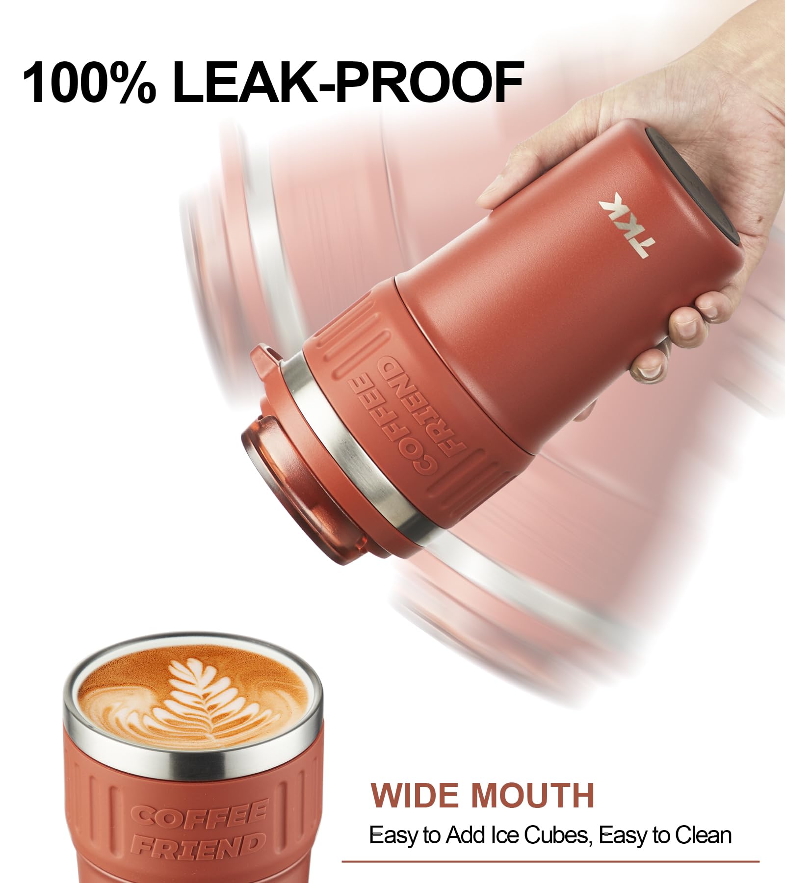 TKK Insulated Coffee Thermos with Ceramic Coating, 21oz Iced Coffee Tumbler Cup with Straw Lid Double Wall Vacuum Leak Proof Travel Mug with Strap for Hot and Iced Beverage, Red