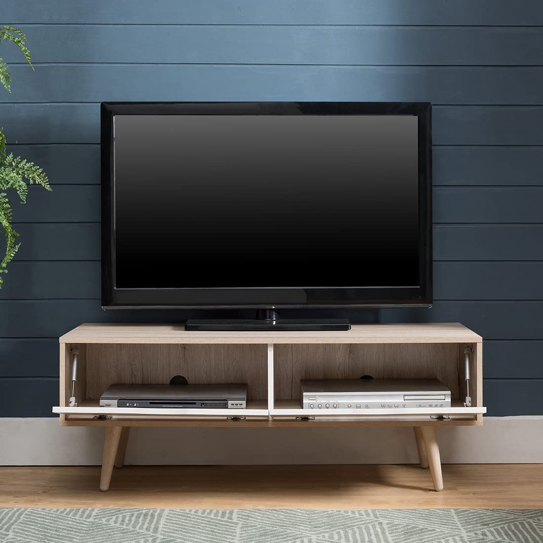 CENSI Natural Oak Television TV Stand, Wooden Console Coffee Table, Lowline for Small Space, 47 Inch Mid-Century Modern Style, Fits TVs up to 55" (Light Wood)