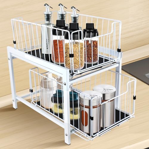 ZMJESSNIA Under Sink Organizer, 2 Tier Sliding Basket Drawer Organizer, Pull Out Under Sink Cabinets Organizer,Metal Home Organizer for Bathroom or Kitchen Pantry,White