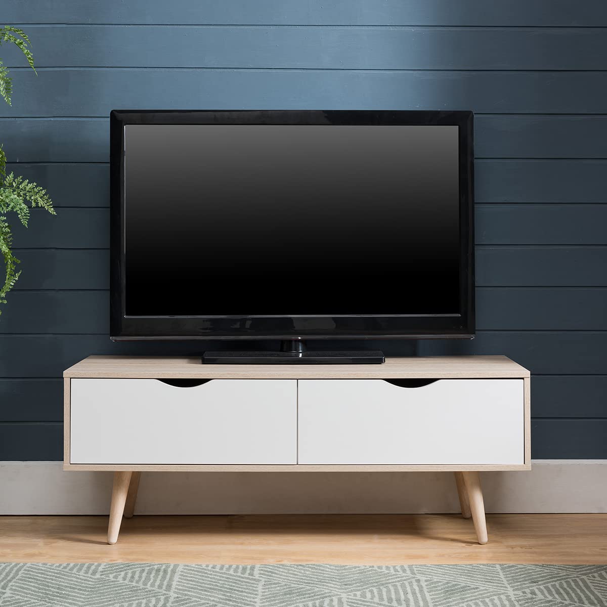 CENSI Natural Oak Television TV Stand, Wooden Console Coffee Table, Lowline for Small Space, 47 Inch Mid-Century Modern Style, Fits TVs up to 55" (Light Wood)