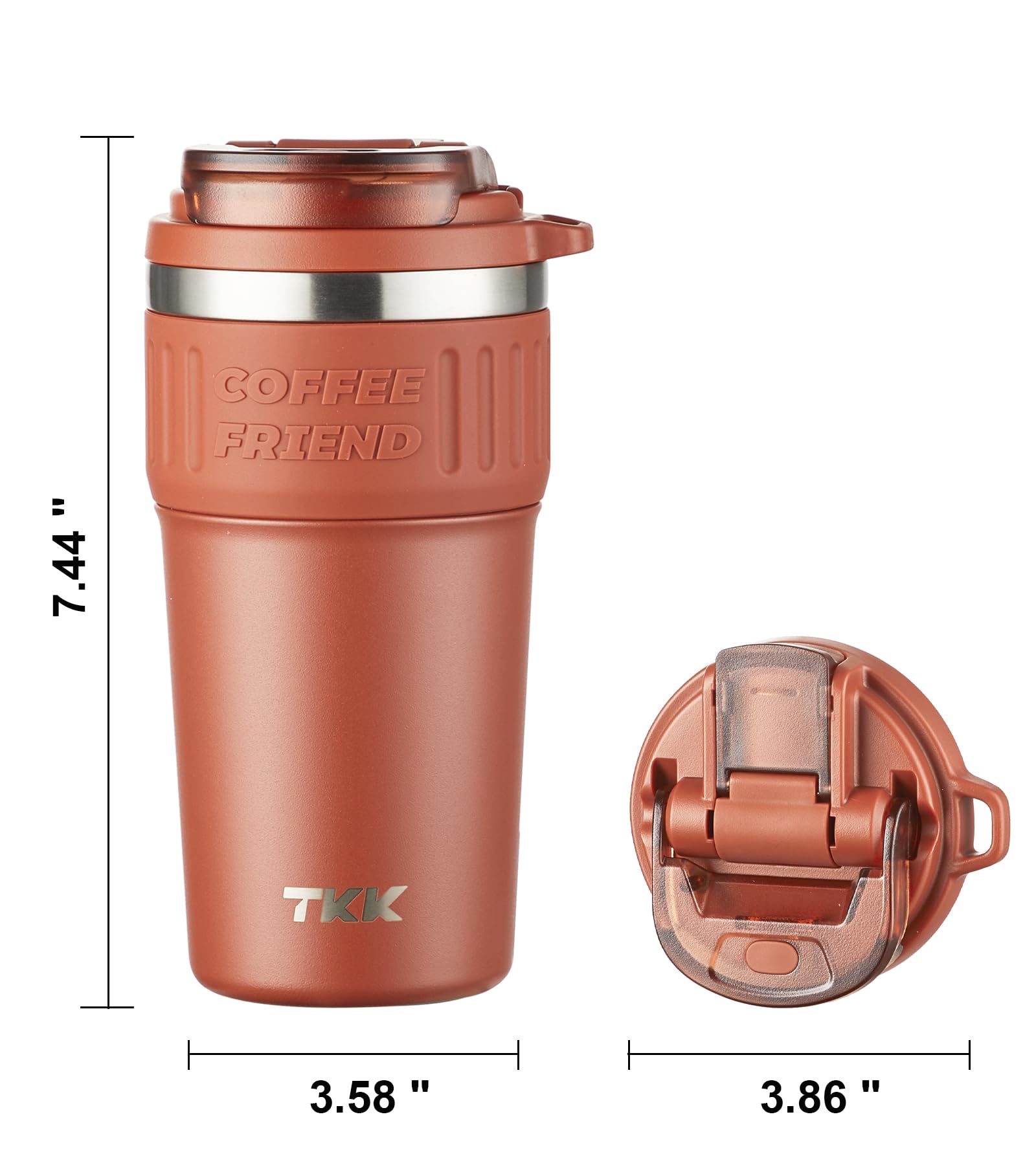 TKK Insulated Coffee Thermos with Ceramic Coating, 21oz Iced Coffee Tumbler Cup with Straw Lid Double Wall Vacuum Leak Proof Travel Mug with Strap for Hot and Iced Beverage, Red