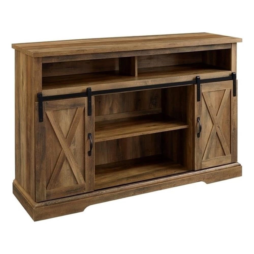 BOWERY HILL Modern Farmhouse Sliding Barn Door Wood 52" Highboy TV Stand Console Storage Cabinet in Reclaimed Barnwood