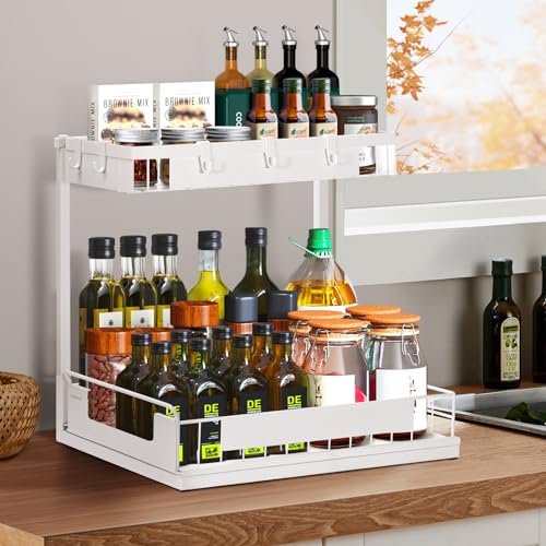Large Under the Sink Organizer Bathroom, 2-Tier Kitchen Under the Sink Organizers and Storage with 4 Hooks, Cabinet Storage Shelves No Drilling Rustproof Stainless Steel Pull Out Shelf, White