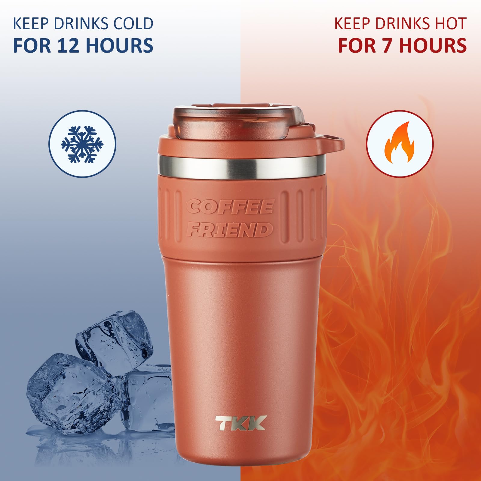 TKK Insulated Coffee Thermos with Ceramic Coating, 21oz Iced Coffee Tumbler Cup with Straw Lid Double Wall Vacuum Leak Proof Travel Mug with Strap for Hot and Iced Beverage, Red