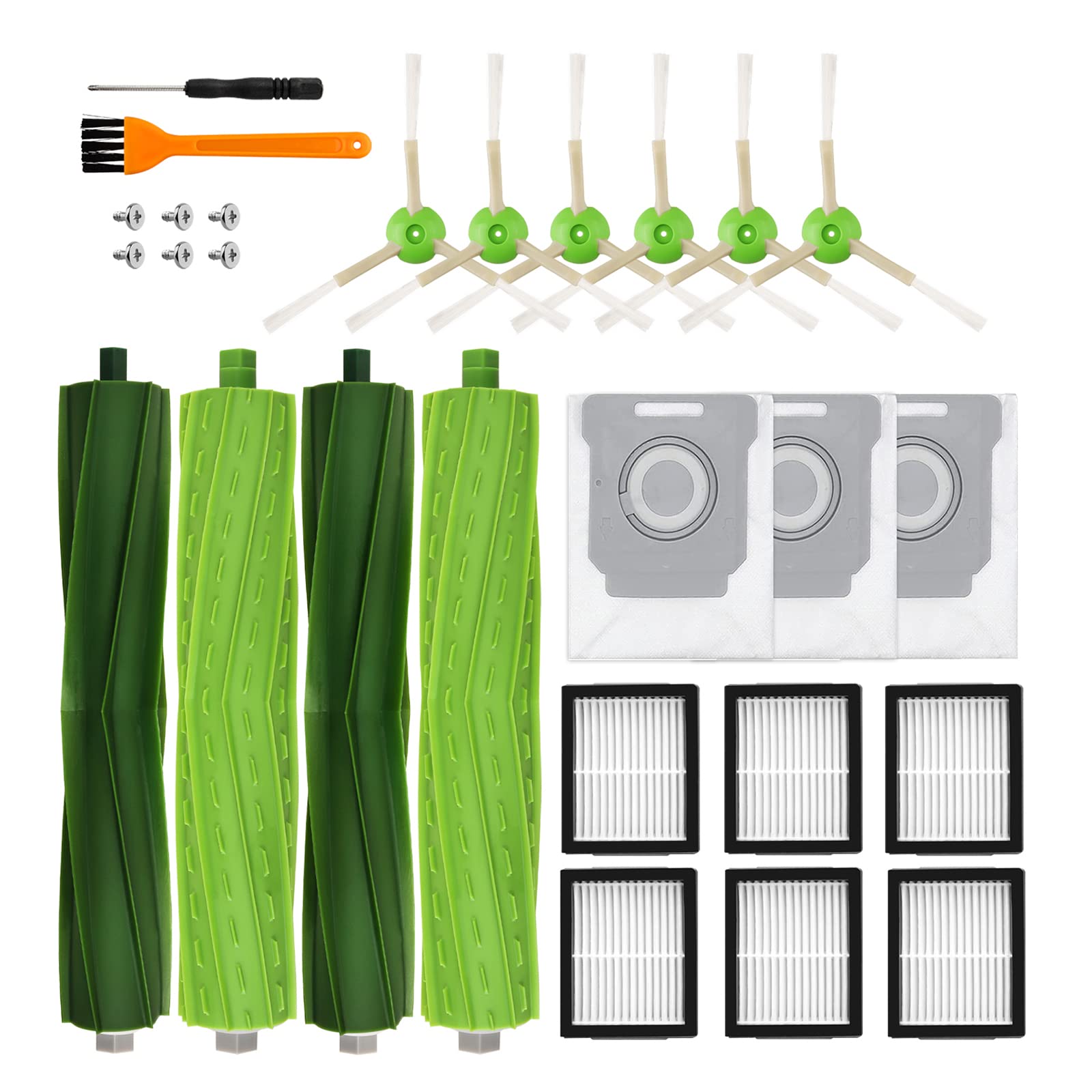 HORPKUN Replacement Parts for iRobot Roomba i7 i7+ i3 i3+ i4 i6 i6+ i8 i8+/Plus E5 E6 E7 j7 I,E &J Series Vacuum Cleaner, 2 Set Rubber Brushes, 6 Filters, 6 Side Brushes,3 Vacuum Bags