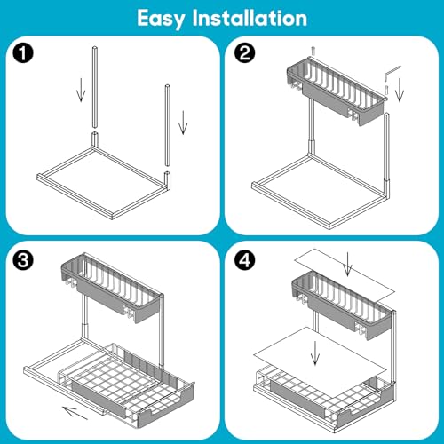 Large Under the Sink Organizer Bathroom, 2-Tier Kitchen Under the Sink Organizers and Storage with 4 Hooks, Cabinet Storage Shelves No Drilling Rustproof Stainless Steel Pull Out Shelf, White