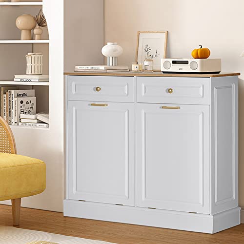 ONG Double Kitchen Trash Cabinets Dual Tilt-Out Trash Bin Can Cabinets with Drawers, Free Standing Hideaway Trash Holder Waste Can Bin for Trash Disposal, Recycle (White)