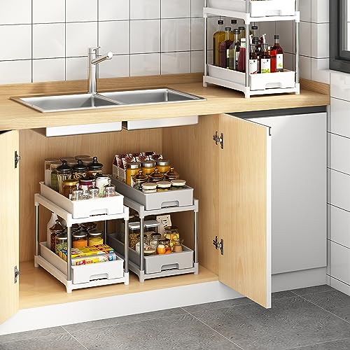 WYTENO 1-piece set pull-out under sink organizer, 2-layer sliding pull-out cabinet organizer, multi-purposeunder cabinet organizer bathroom, kitchen essentials, white