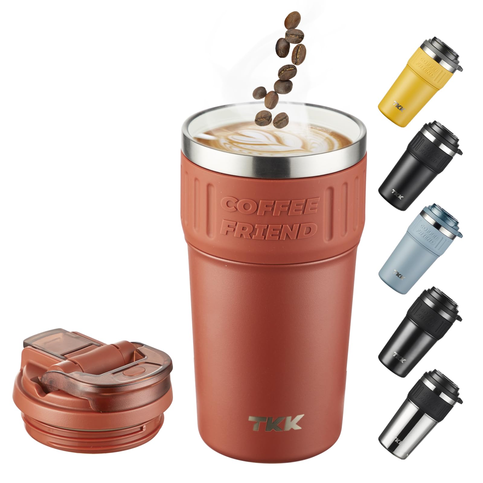 TKK Insulated Coffee Thermos with Ceramic Coating, 21oz Iced Coffee Tumbler Cup with Straw Lid Double Wall Vacuum Leak Proof Travel Mug with Strap for Hot and Iced Beverage, Red