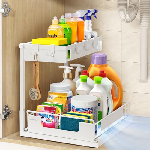 Large Under the Sink Organizer Bathroom, 2-Tier Kitchen Under the Sink Organizers and Storage with 4 Hooks, Cabinet Storage Shelves No Drilling Rustproof Stainless Steel Pull Out Shelf, White