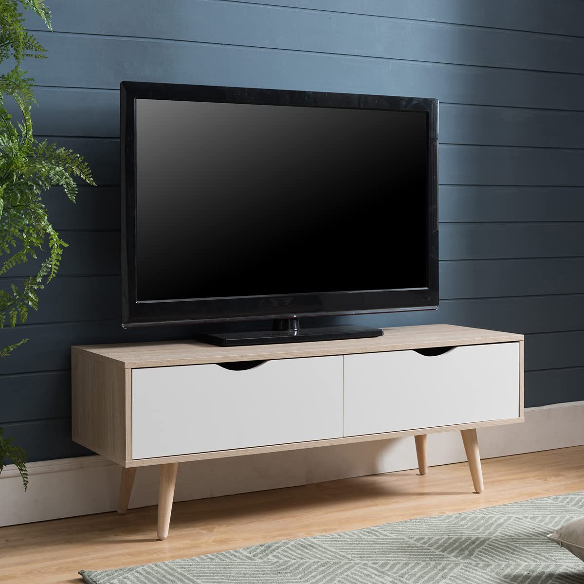 CENSI Natural Oak Television TV Stand, Wooden Console Coffee Table, Lowline for Small Space, 47 Inch Mid-Century Modern Style, Fits TVs up to 55" (Light Wood)