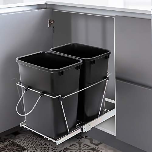 Double 35-Quart Sliding Pull Out Waste Bin Container, Kitchen Trash Can Under Cabinet Trash for Home Base Kitchen Cabinet - 17.5 Gallons