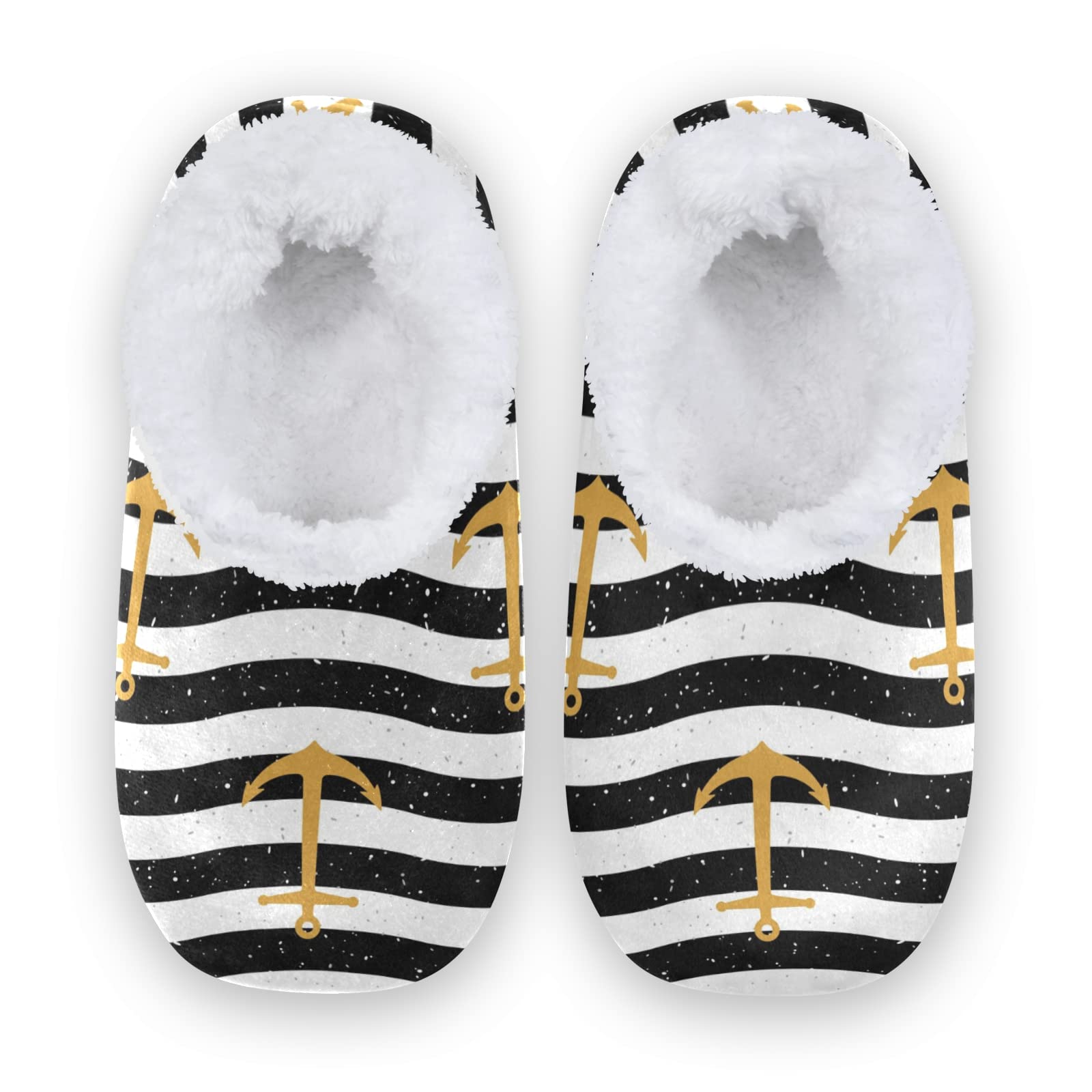 Indoor Slippers for Women Men Nautical Sea Anchor Stripe House Slipper Socks with Grippers Non-Slip Fuzzy Feet Slippers Winter Warm Flip Flop (Men 11-12)