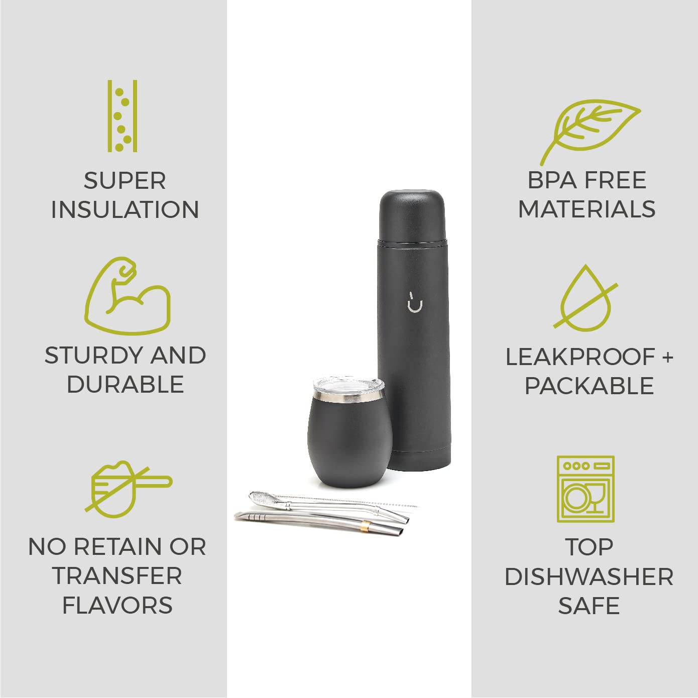 BALIBETOV Complete Yerba Mate Set - Modern Mate Gourd, Thermos, Bombilla and Cleaning Brush Included - All Premium Quality 304 18/8 Stainless Steel (Full Black)