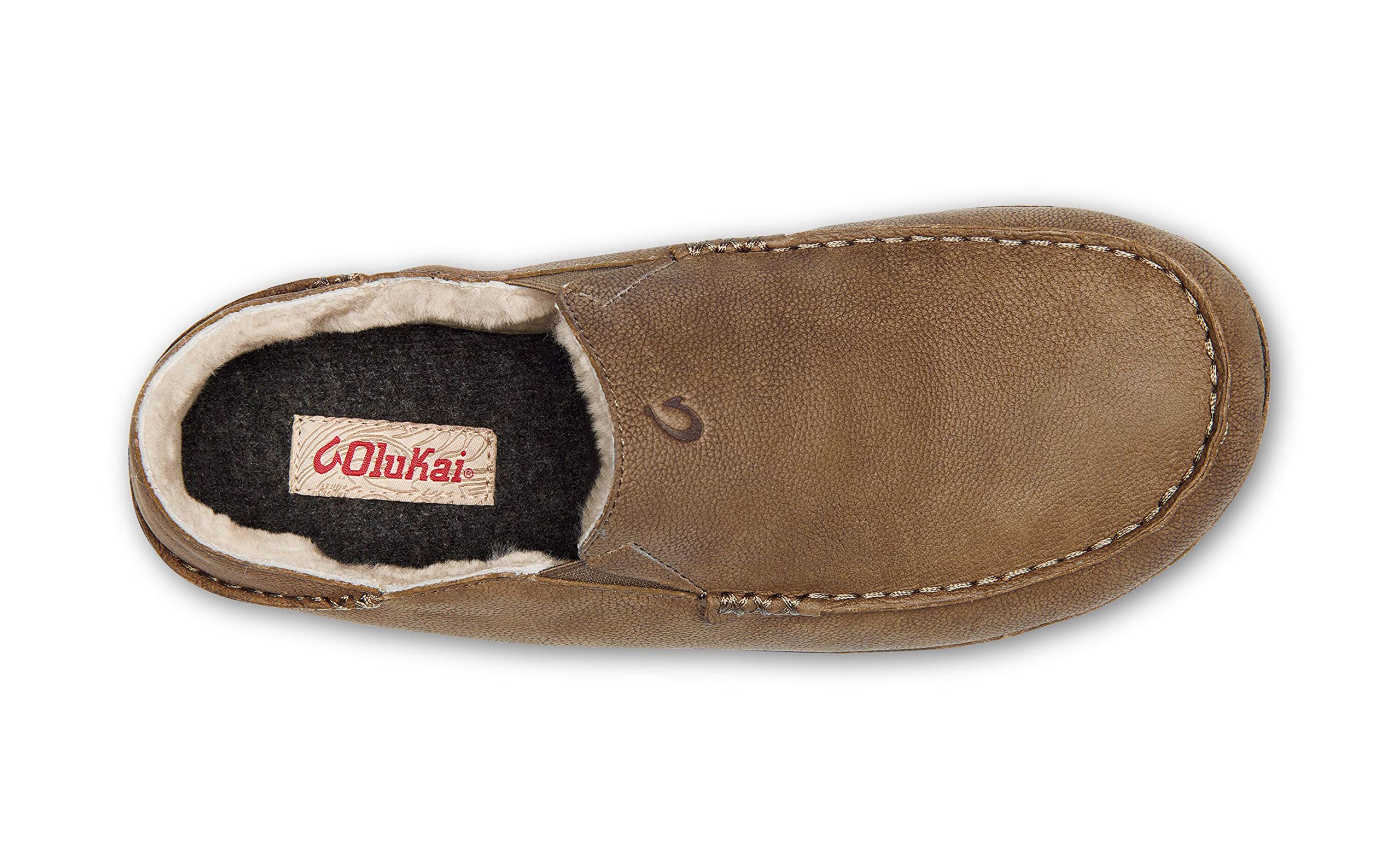 OLUKAI Kipuka Hulu Men's Leather Slippers, Premium Nubuck Leather Slip On Shoes, Shearling Lining & Gel Insert, Drop-In Heel Design, Toffee/Toffee, 12