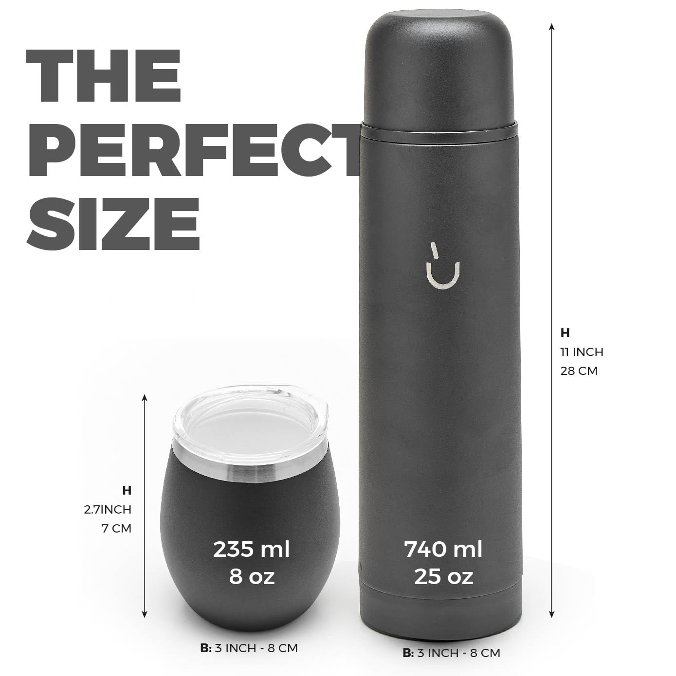 BALIBETOV Complete Yerba Mate Set - Modern Mate Gourd, Thermos, Bombilla and Cleaning Brush Included - All Premium Quality 304 18/8 Stainless Steel (Full Black)