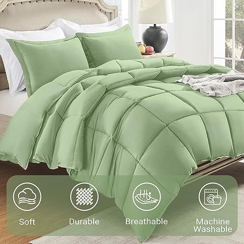 Wellsin Sage Green Comforter Set - Twin/Twin XL (66"x92") - 2 PCS All Season Soft Down Alternative Comforter & Pillow Sham for Girls/Boys/Adults