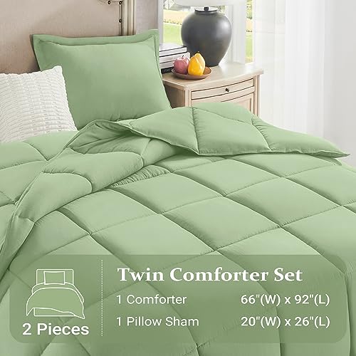Wellsin Sage Green Comforter Set - Twin/Twin XL (66"x92") - 2 PCS All Season Soft Down Alternative Comforter & Pillow Sham for Girls/Boys/Adults