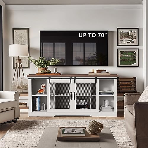 Xilingol Farmhouse TV Stand for TVs 65"+, Modern Entertainment Center 58" W, Television Cabinets with Double Sliding Barn Door & Storage Shelves, Media Console for Living Room, White