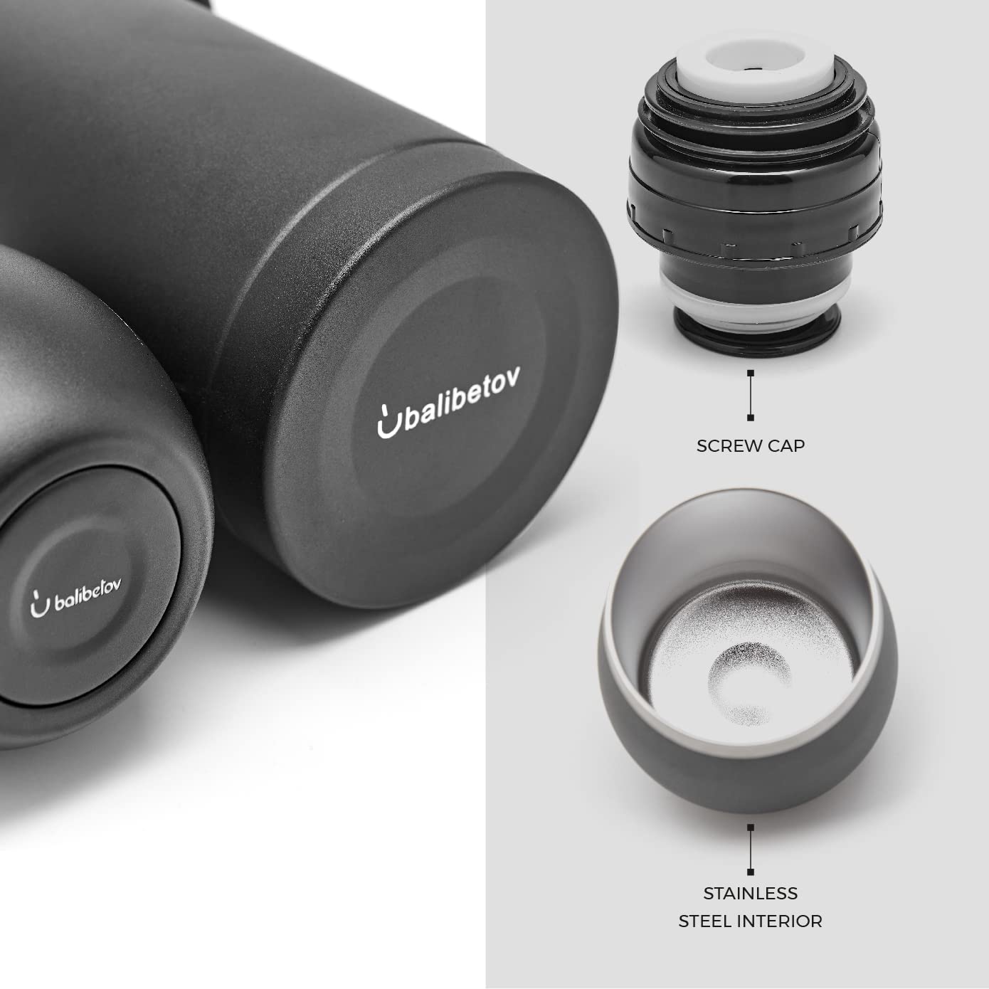 BALIBETOV Complete Yerba Mate Set - Modern Mate Gourd, Thermos, Bombilla and Cleaning Brush Included - All Premium Quality 304 18/8 Stainless Steel (Full Black)