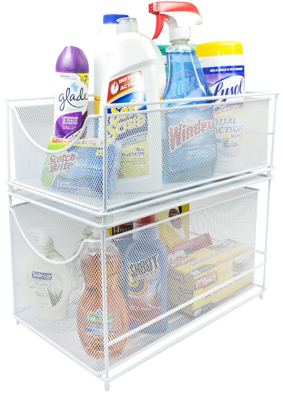 Sorbus® Cabinet Organizer Set—Mesh Storage Organizer with Pull Out Drawers—Ideal for Countertop, Cabinet, Pantry, Under the Sink, Desktop and More (White Two-Piece Set)