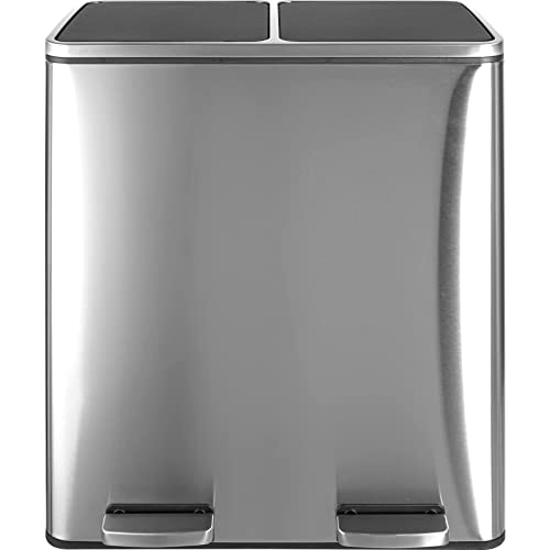 AthLike 60L(16 Gal) Dual Trash Can, Stainless Steel Kitchen Garbage Can, Double Compartment Classified Rubbish Bin, Recycle Dustbin w/Plastic Inner Buckets, Handle, Soft-Close Lid, Airtight (Silver)