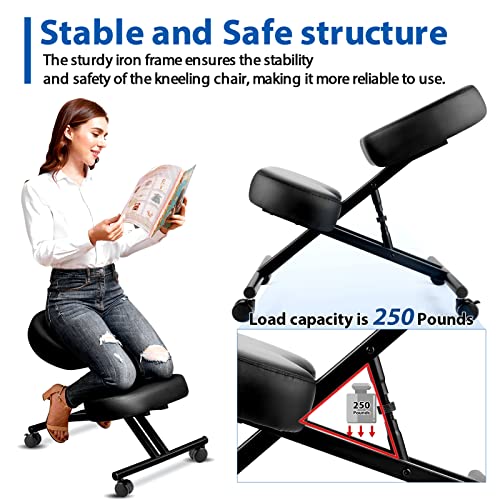 Kneeling Chair Ergonomic for Office, Adjustable Stool for Home and Office - Improve Your Posture with an Angled Seat - Thick Comfortable Moulded Foam Cushions - Brake and Smooth Gliding Casters
