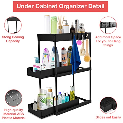 Solesoul 3-Tier Under Sink Organizers and Storage Unit - Bathroom and Kitchen Sink Organizers with 4 Hooks - Multi-Purpose Cabinet Organizer Shelf with Sliding Drawers - Black- White- Gray (Black)