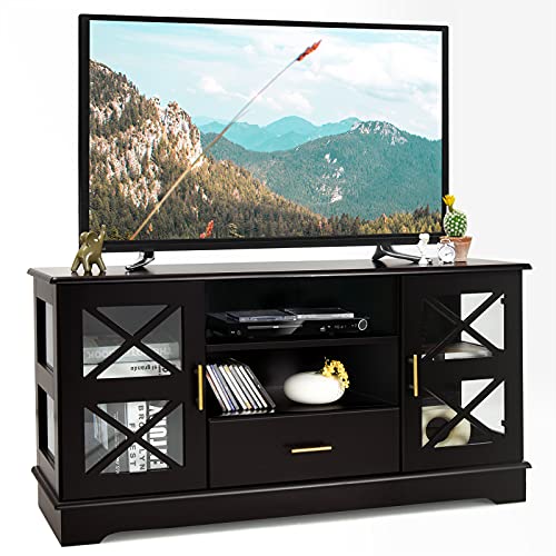Tangkula Wood TV Stand with 2 Glass Door Cabinets, Media Console with Drawer & 2-Tier Adjustable Shelves, Living Room Entertainment Center for TVs up to 55 Inch, TV Console Table, Dark Brown