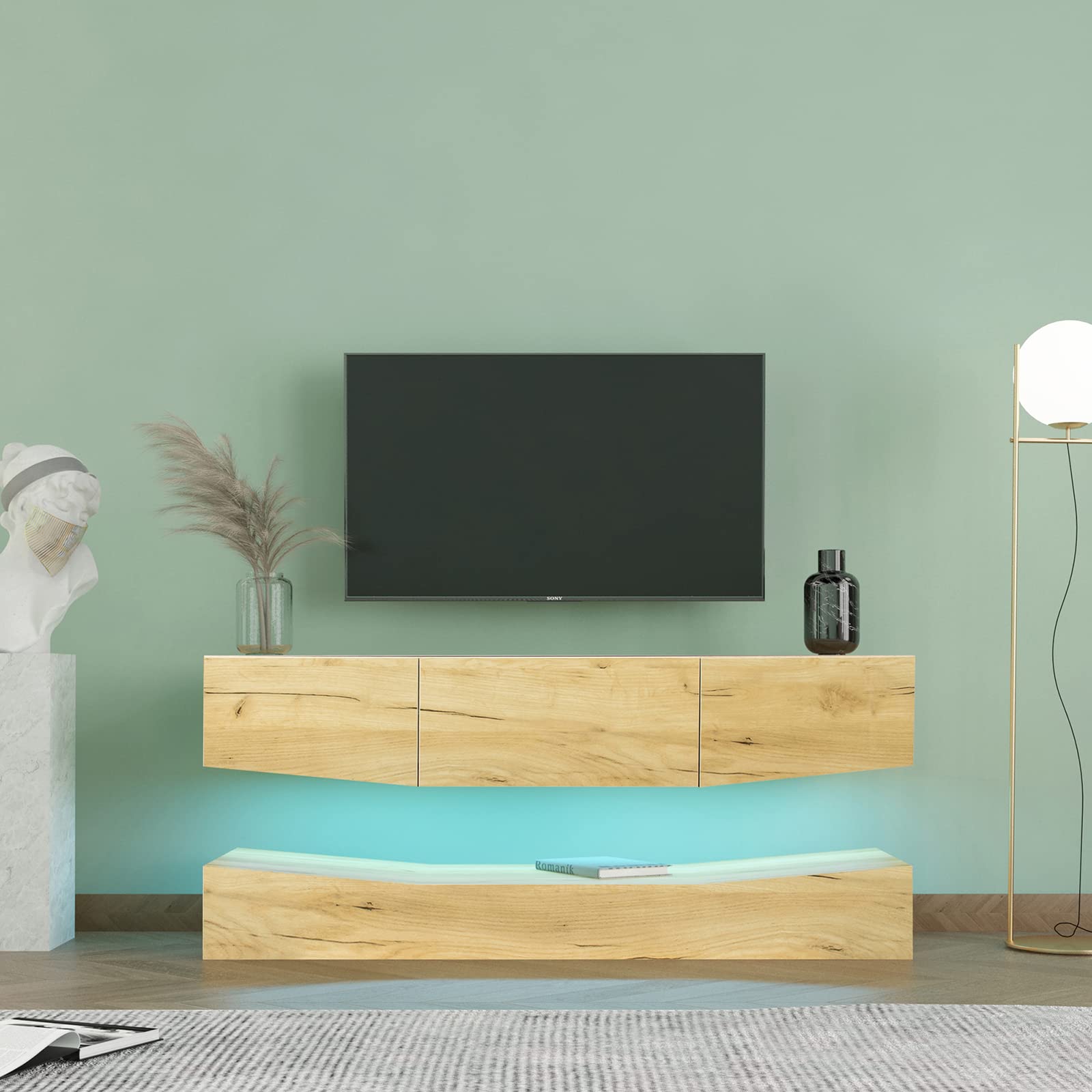 Wood Floating TV Stand for 55 Inch TV LED TV Console Wall Mounted Entertainment Center with Display Platform and 3 Drawers Media Table Cabinet for Living Room Oak