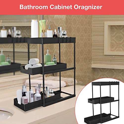 Solesoul 3-Tier Under Sink Organizers and Storage Unit - Bathroom and Kitchen Sink Organizers with 4 Hooks - Multi-Purpose Cabinet Organizer Shelf with Sliding Drawers - Black- White- Gray (Black)