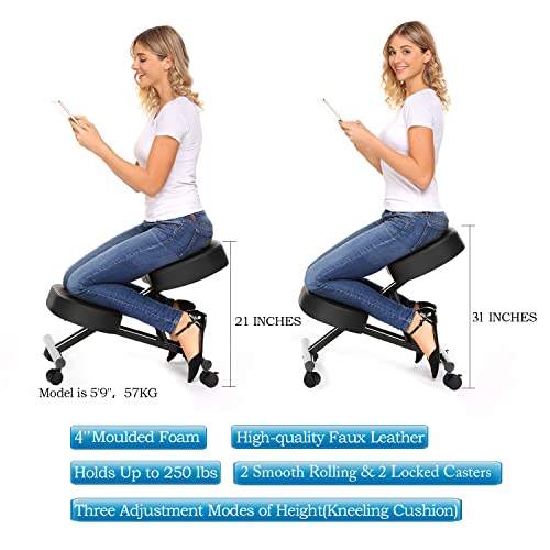 Kneeling Chair Ergonomic for Office, Adjustable Stool for Home and Office - Improve Your Posture with an Angled Seat - Thick Comfortable Moulded Foam Cushions - Brake and Smooth Gliding Casters
