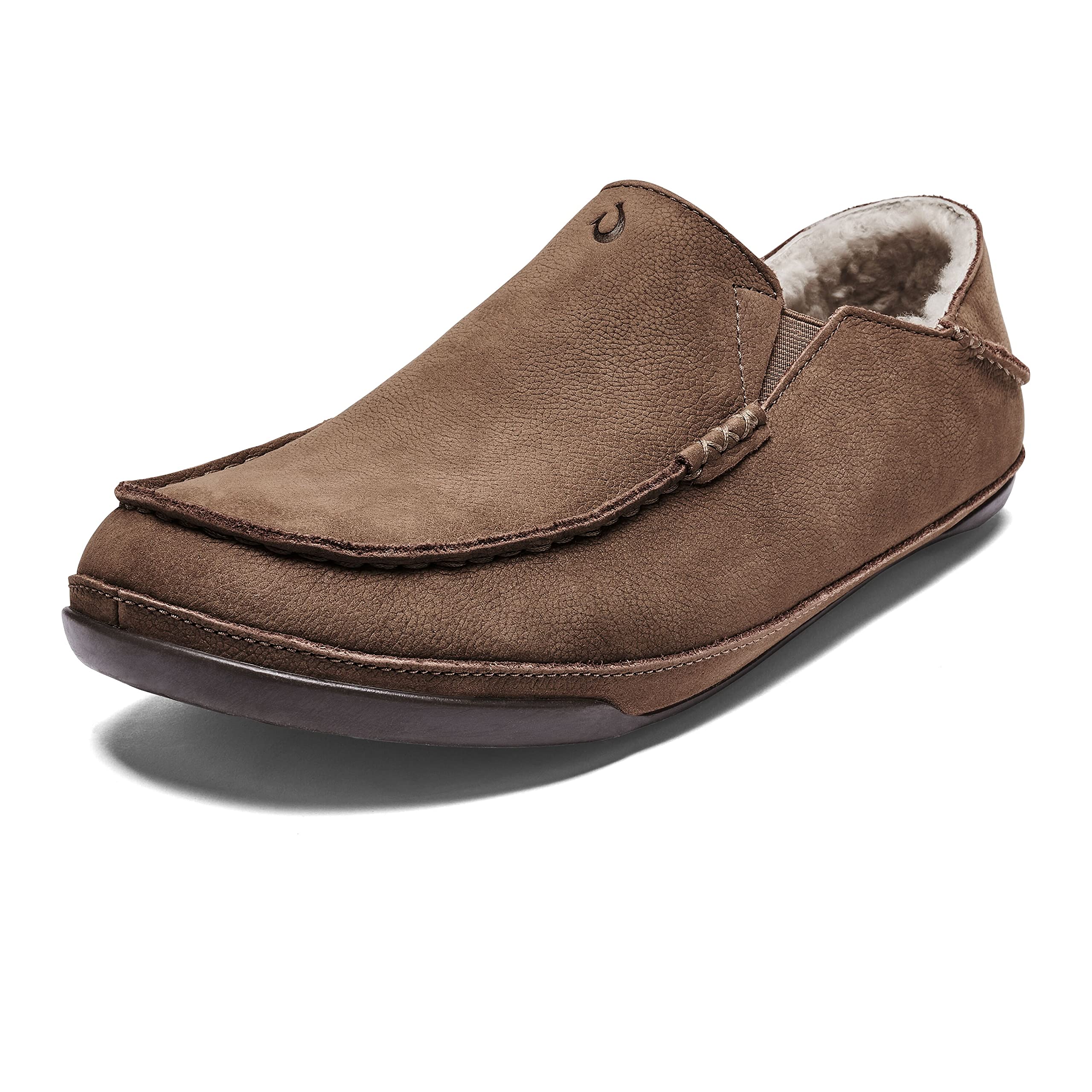OLUKAI Kipuka Hulu Men's Leather Slippers, Premium Nubuck Leather Slip On Shoes, Shearling Lining & Gel Insert, Drop-In Heel Design, Toffee/Toffee, 12