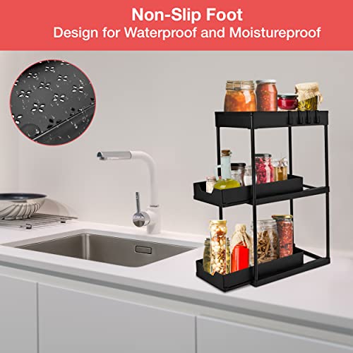 Solesoul 3-Tier Under Sink Organizers and Storage Unit - Bathroom and Kitchen Sink Organizers with 4 Hooks - Multi-Purpose Cabinet Organizer Shelf with Sliding Drawers - Black- White- Gray (Black)