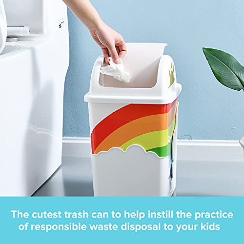 Rainbow Trash Can (1-Pack) - Cute Waste Basket for Kids Room - 9.6βx9.6βx15.7β Indoor Swing Top Trash Can with Lid - Garbage Can for School & Daycare - Swivel Touchless Garbage Cans - For Baby Nursery and Rainbow Themed Room Rainbow Baby Shower